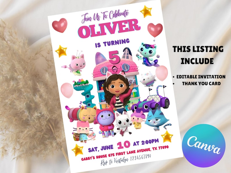 Editable Gabby's Dollhouse 5x7 Birthday Invitation Template - Canva ...
