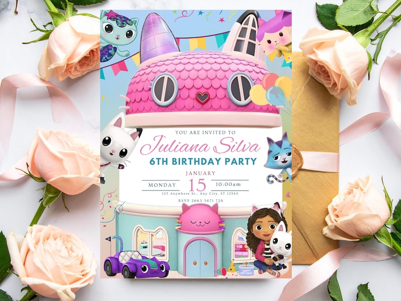 Editable Gabby's Dollhouse 5x7 Birthday Invitation Template - Canva ...