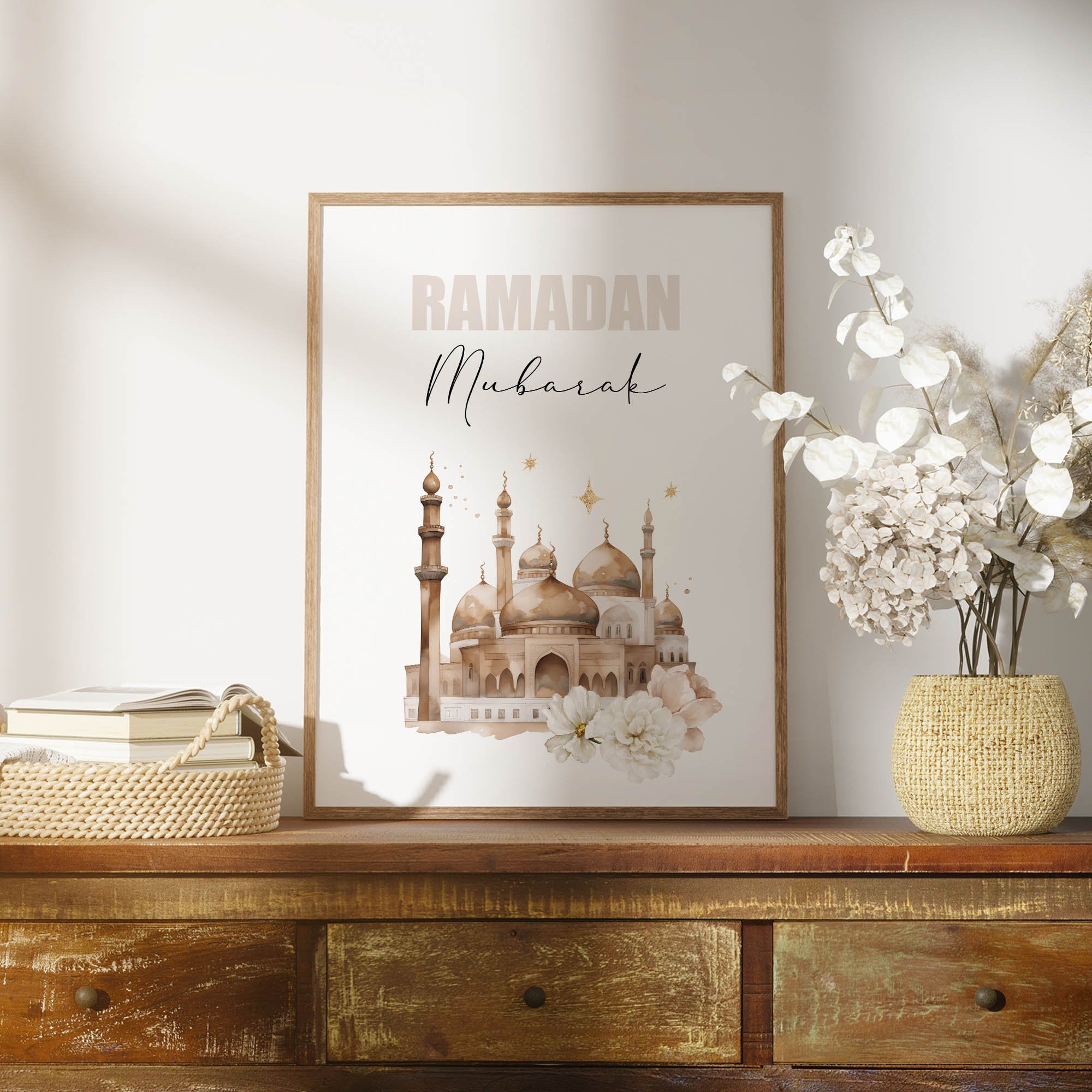 Ramadan Mubarak Printable Wall Art Poster — Beige Mosque JPG – Crafty Temps