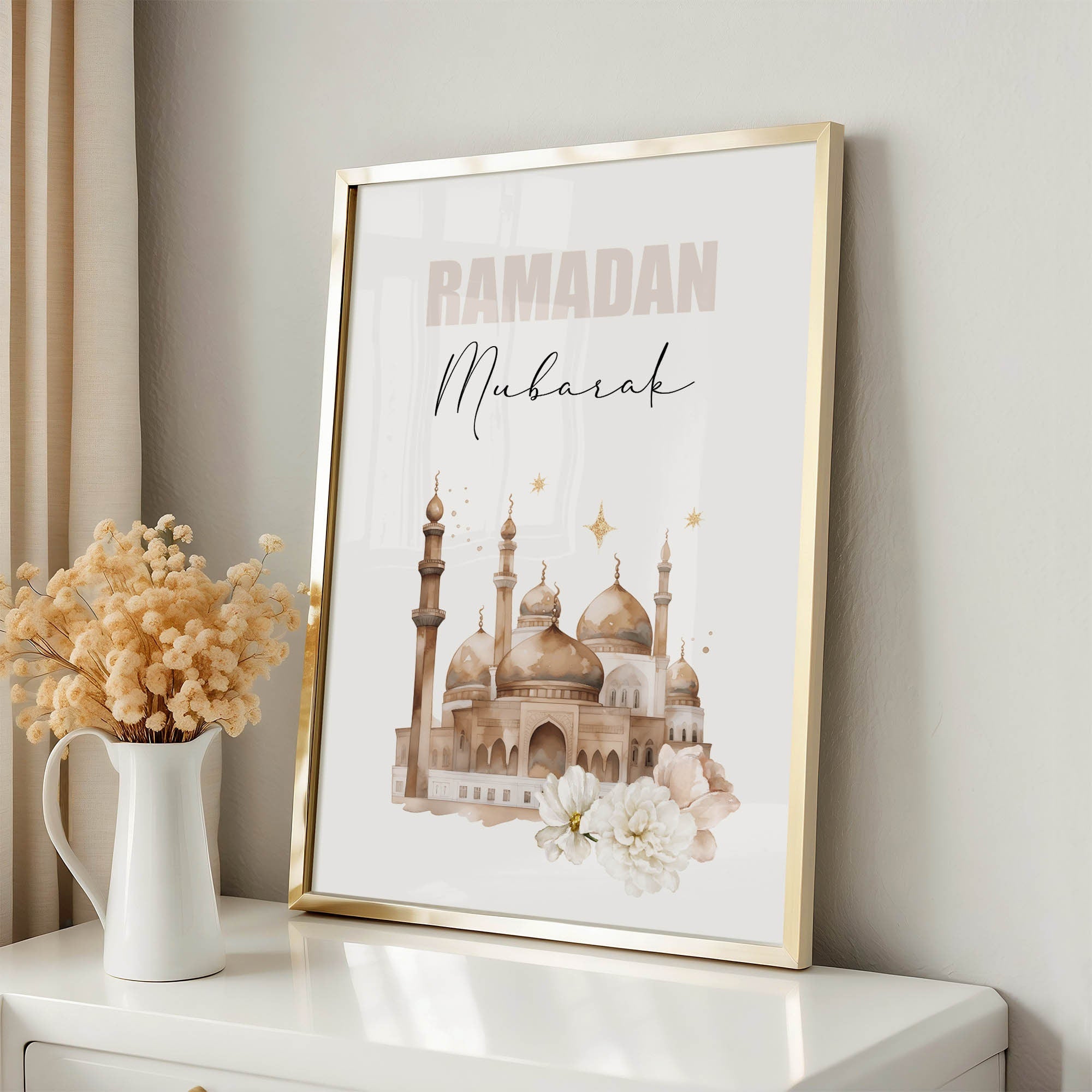 Ramadan Mubarak Printable Wall Art Poster — Beige Mosque JPG – Crafty Temps