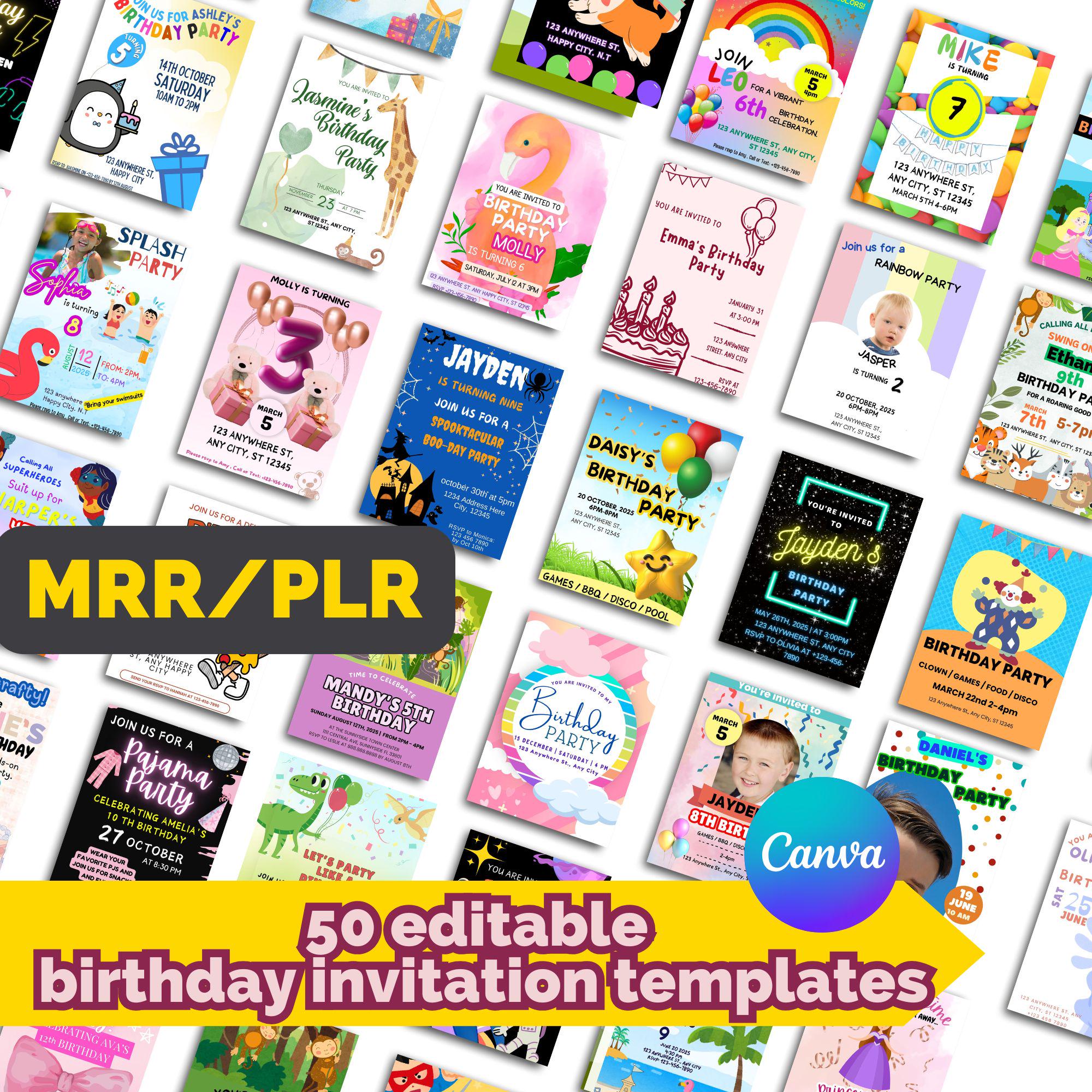 50 Editable Kids Birthday Invitation Templates — Canva MRR & PLR Pack ...