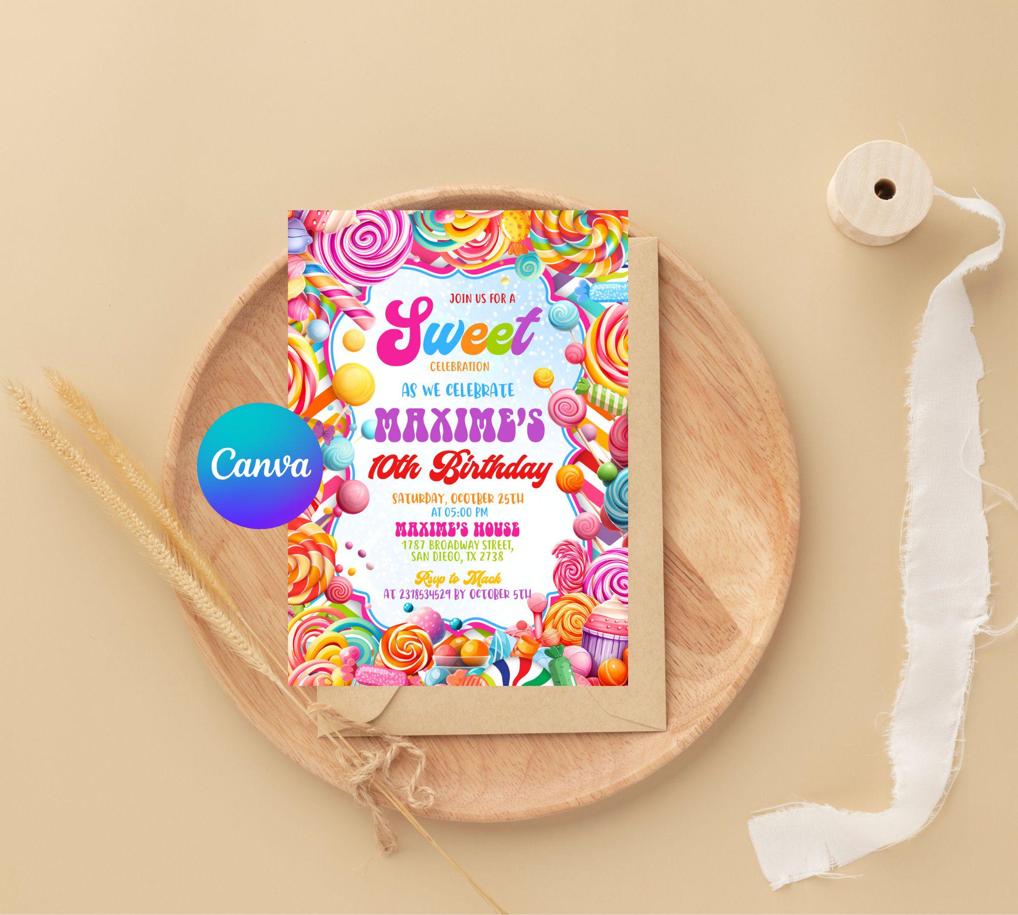 Editable Candy Land Birthday Invitation - 5x7 Canva Template for Print ...