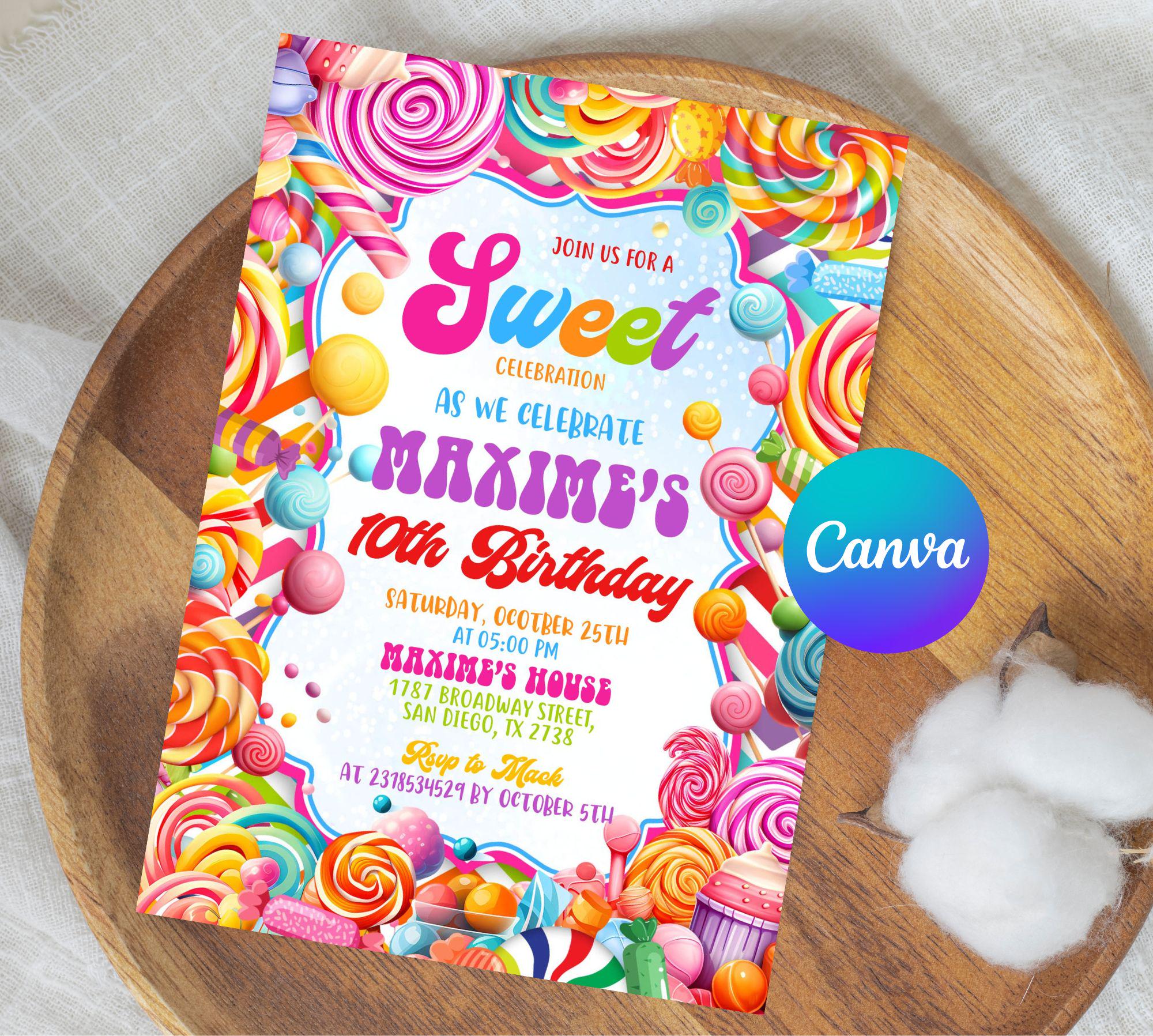 Editable Candy Land Birthday Invitation - 5x7 Canva Template for Print ...