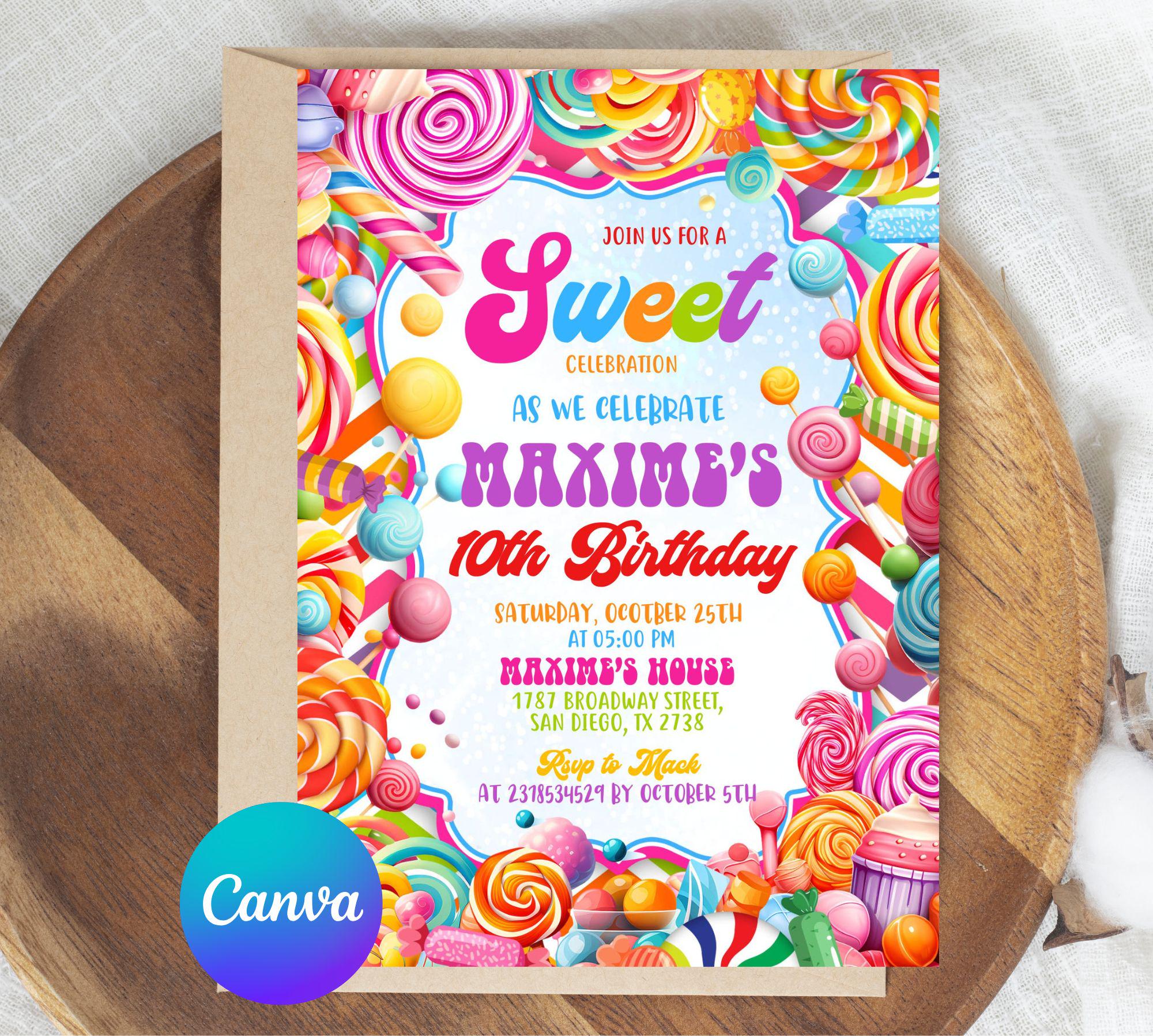 Editable Candy Land Birthday Invitation - 5x7 Canva Template for Print ...