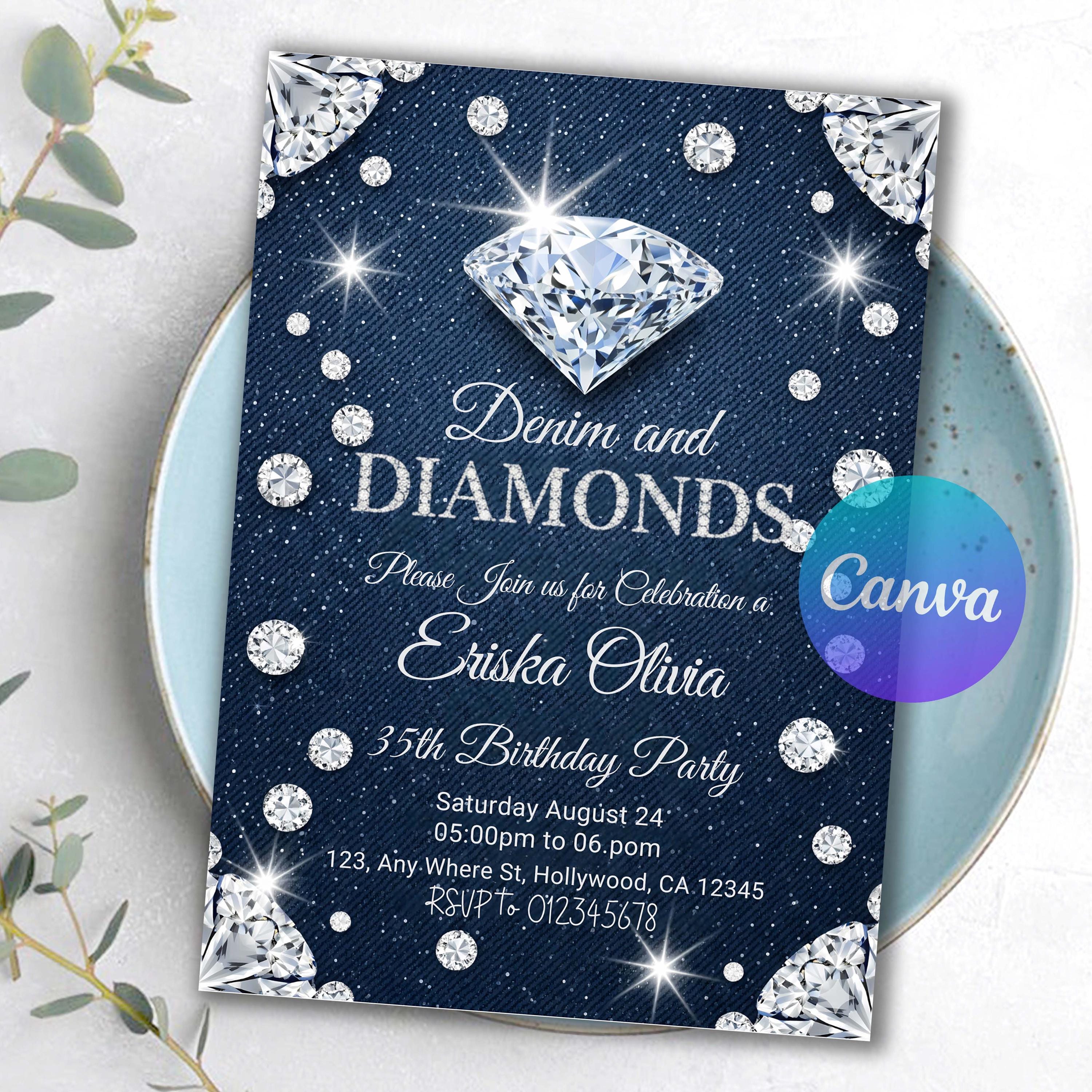 Denim and Diamonds Birthday Invitation - Editable Canva 5x7 Template ...