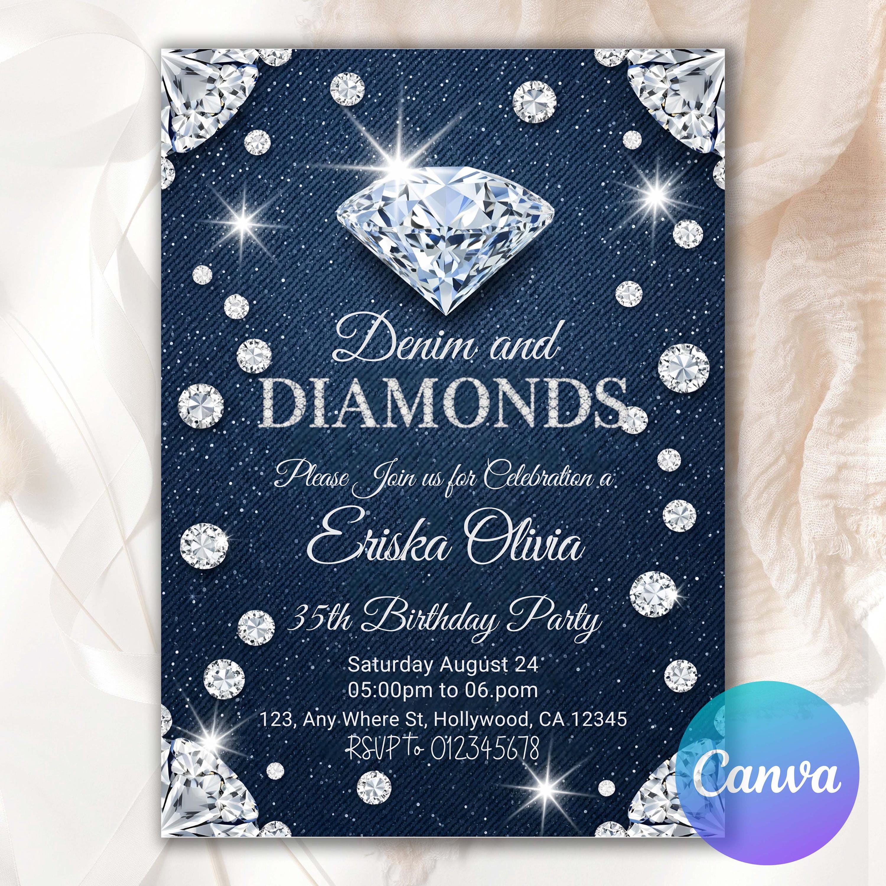 Denim and Diamonds Birthday Invitation - Editable Canva 5x7 Template ...