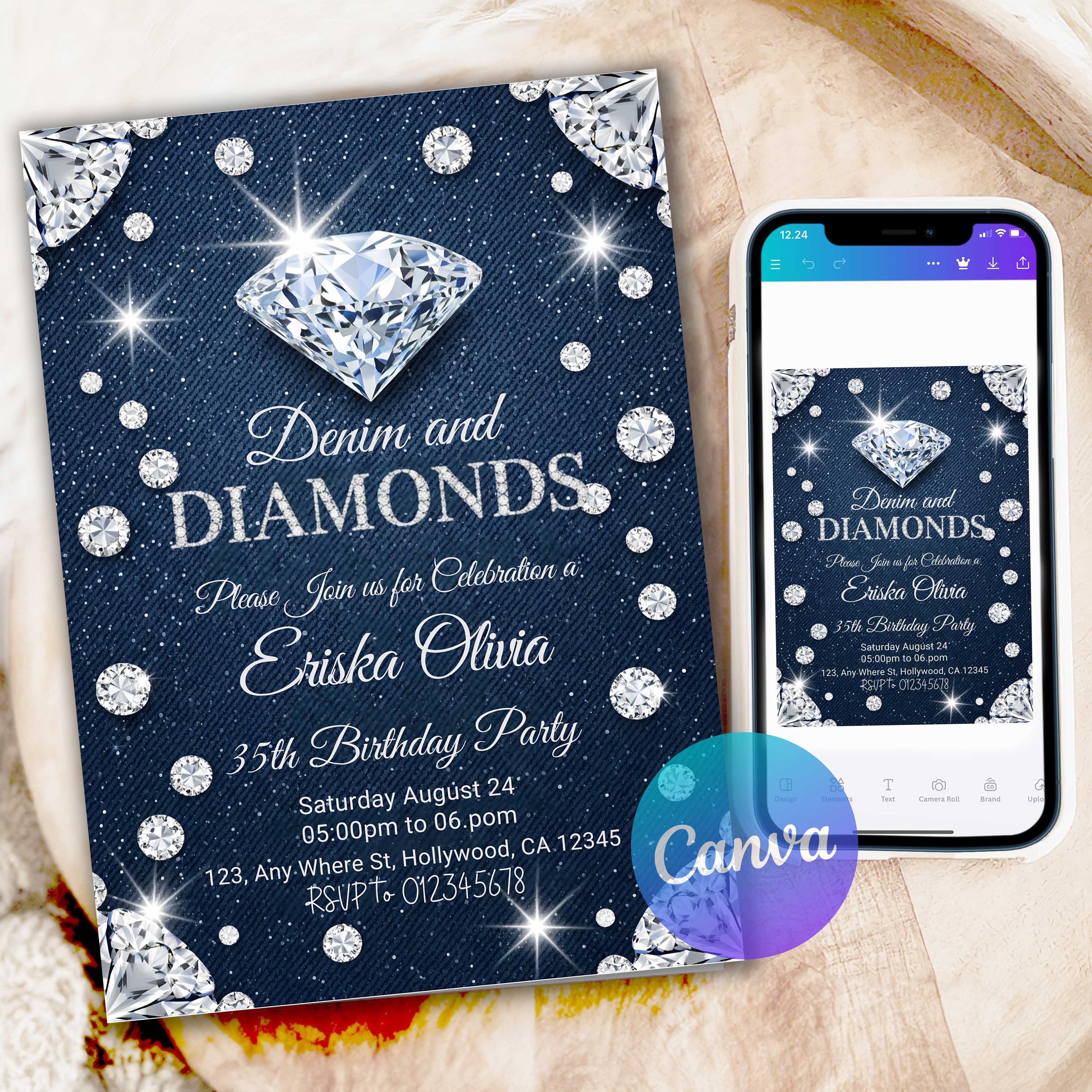 Denim and Diamonds Birthday Invitation - Editable Canva 5x7 Template ...