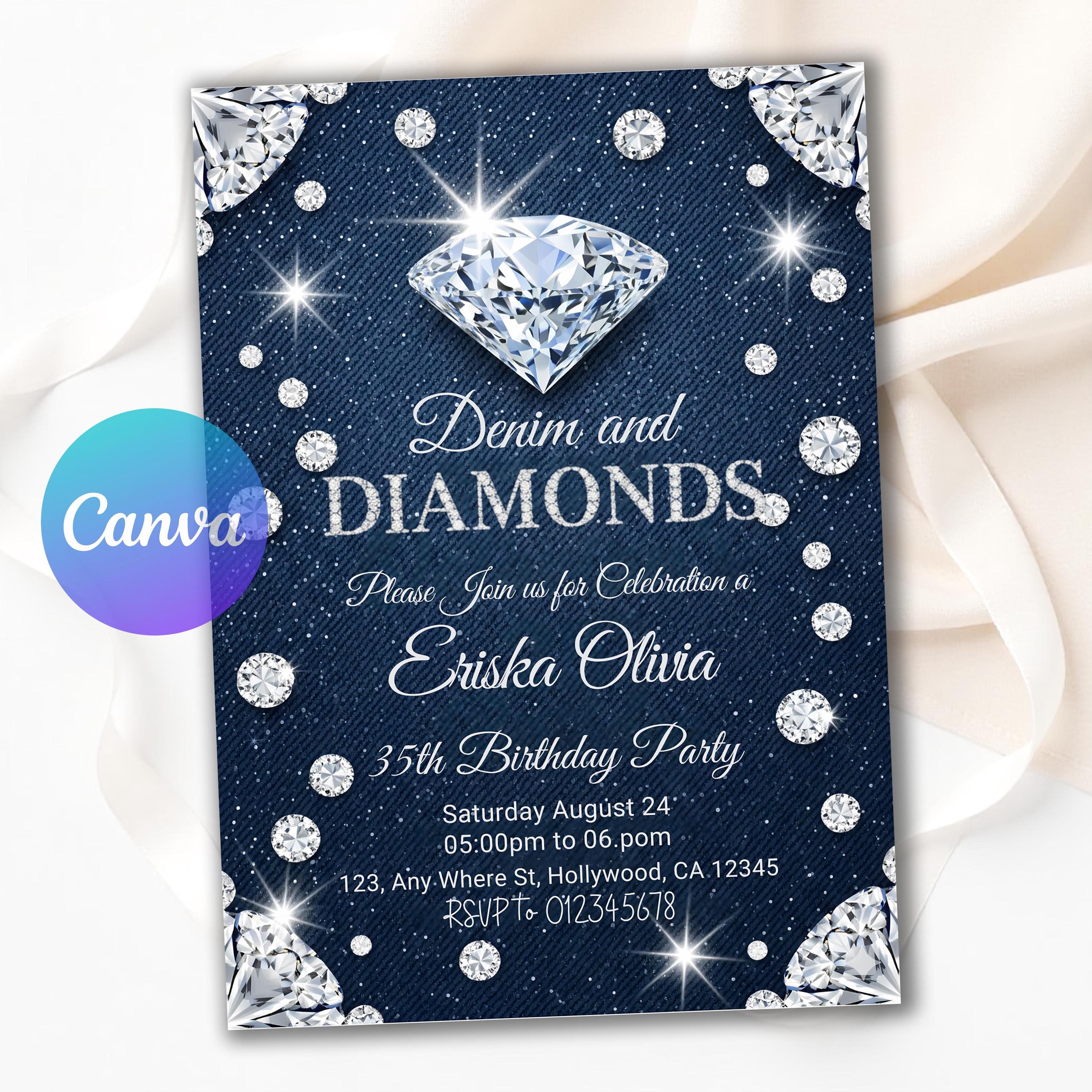 Denim and Diamonds Birthday Invitation - Editable Canva 5x7 Template ...