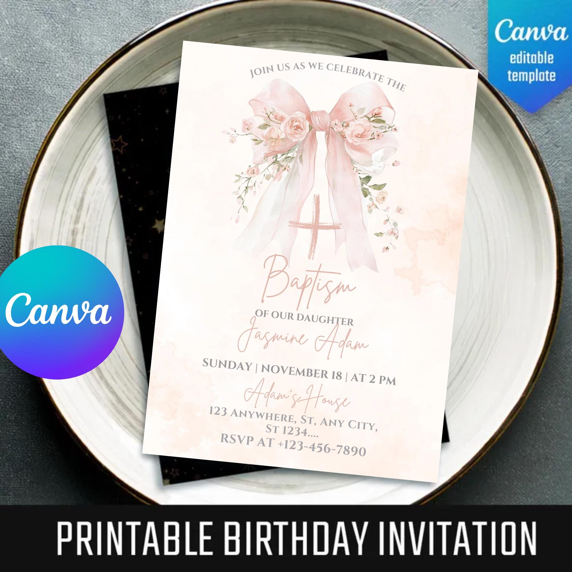 Boho Pink Baptism Invitation Template — Editable PDF, 5x7 Printable ...