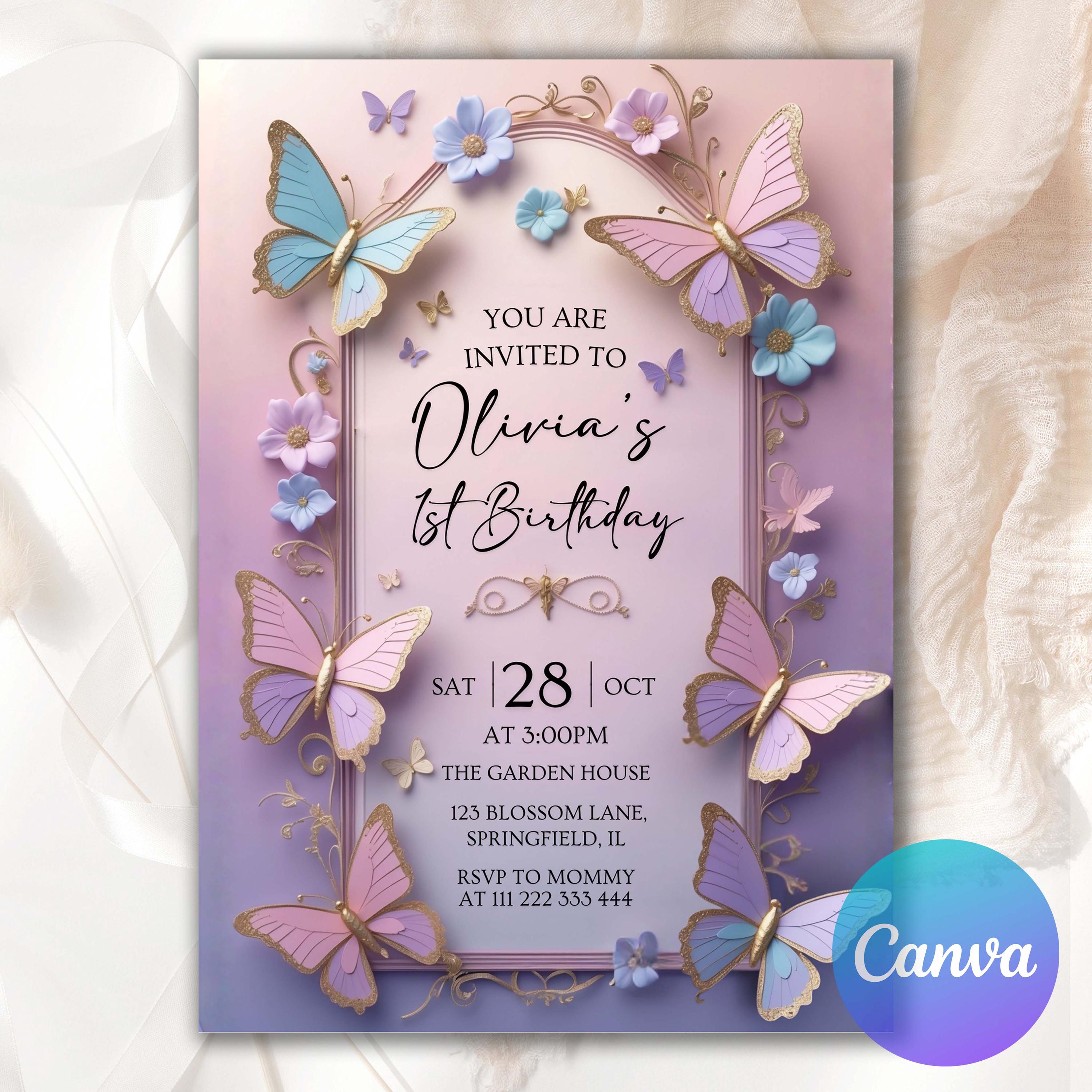 Editable Butterfly Birthday Invitation Template — 5x7 Canva Download ...