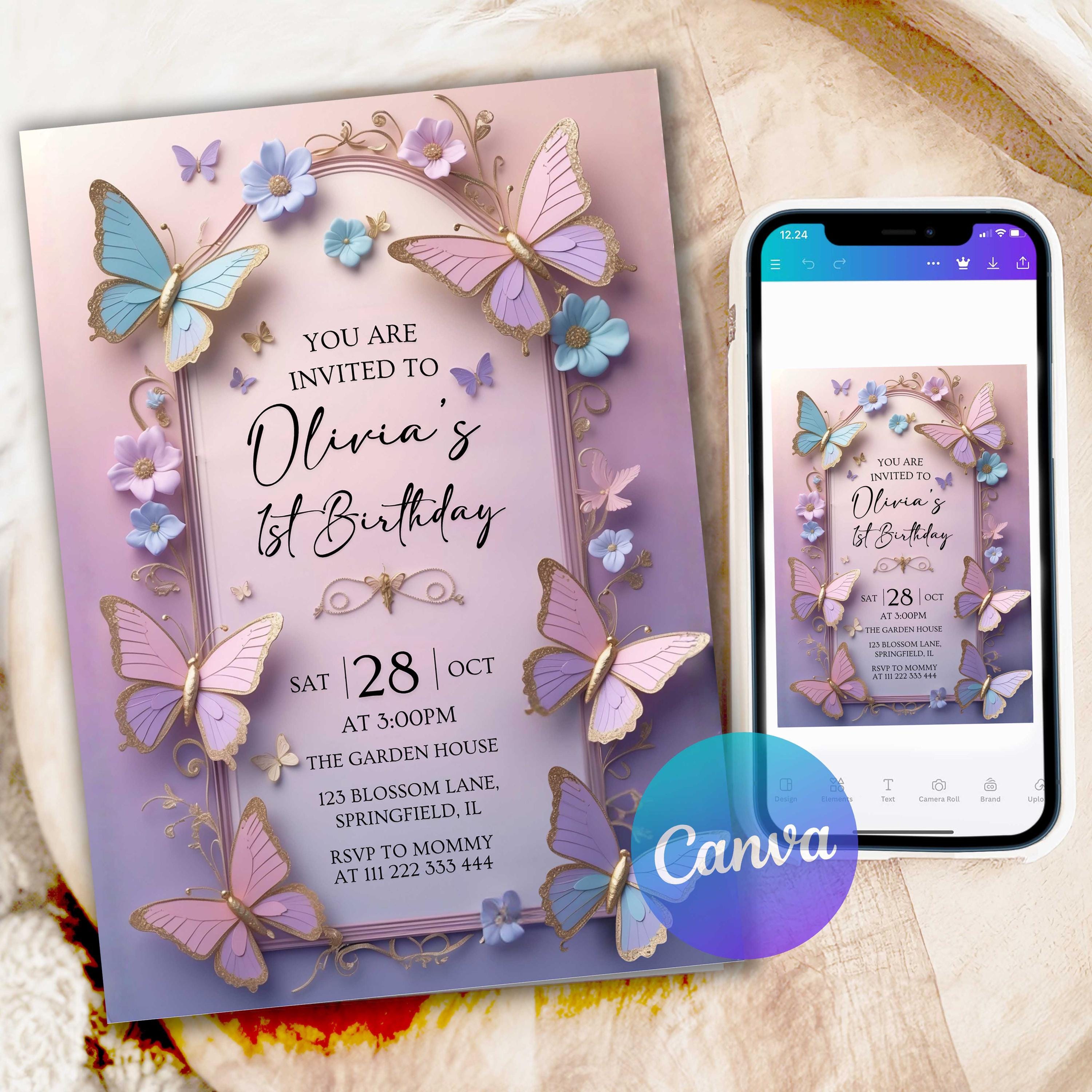 Editable Butterfly Birthday Invitation Template — 5x7 Canva Download ...