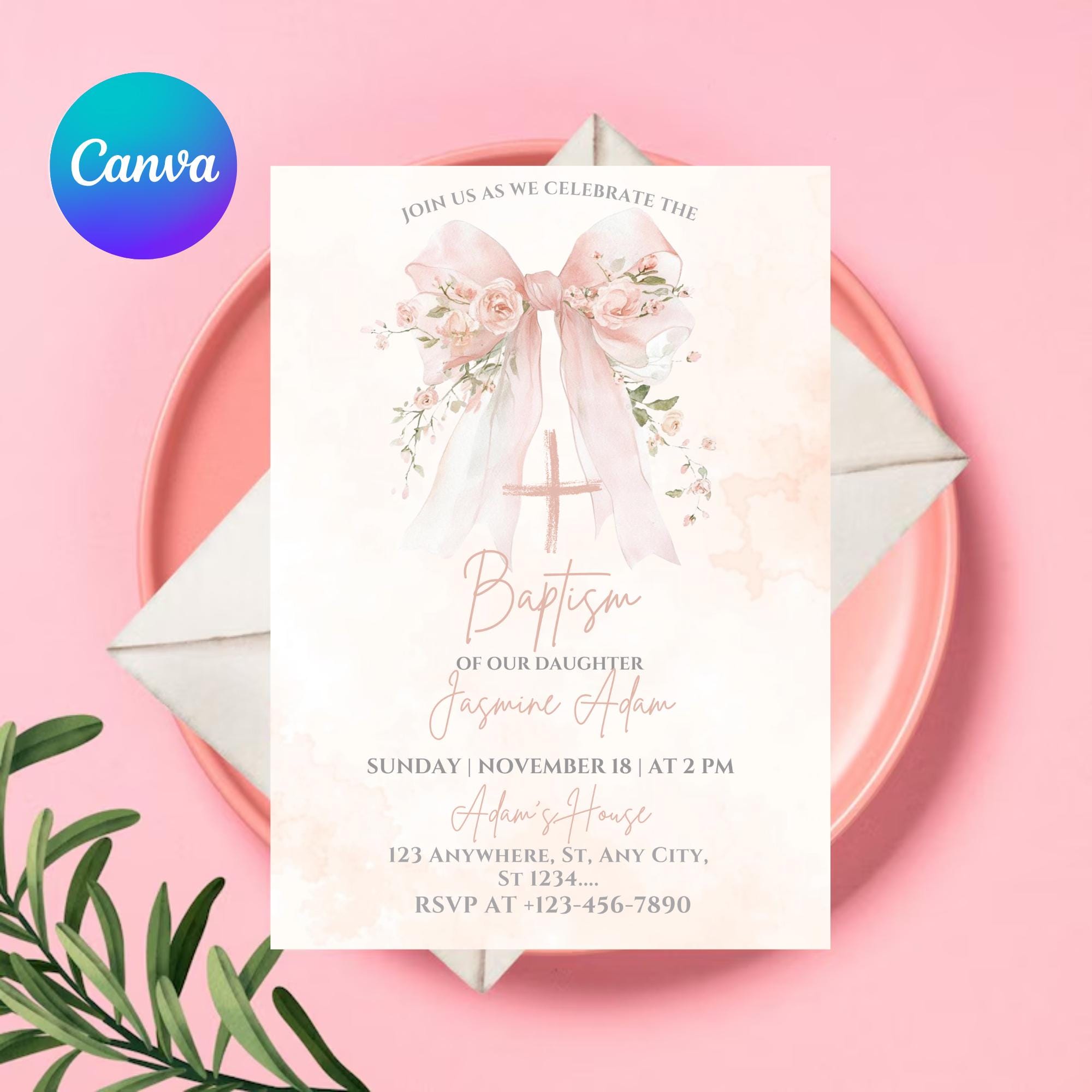 Boho Pink Baptism Invitation Template — Editable PDF, 5x7 Printable ...