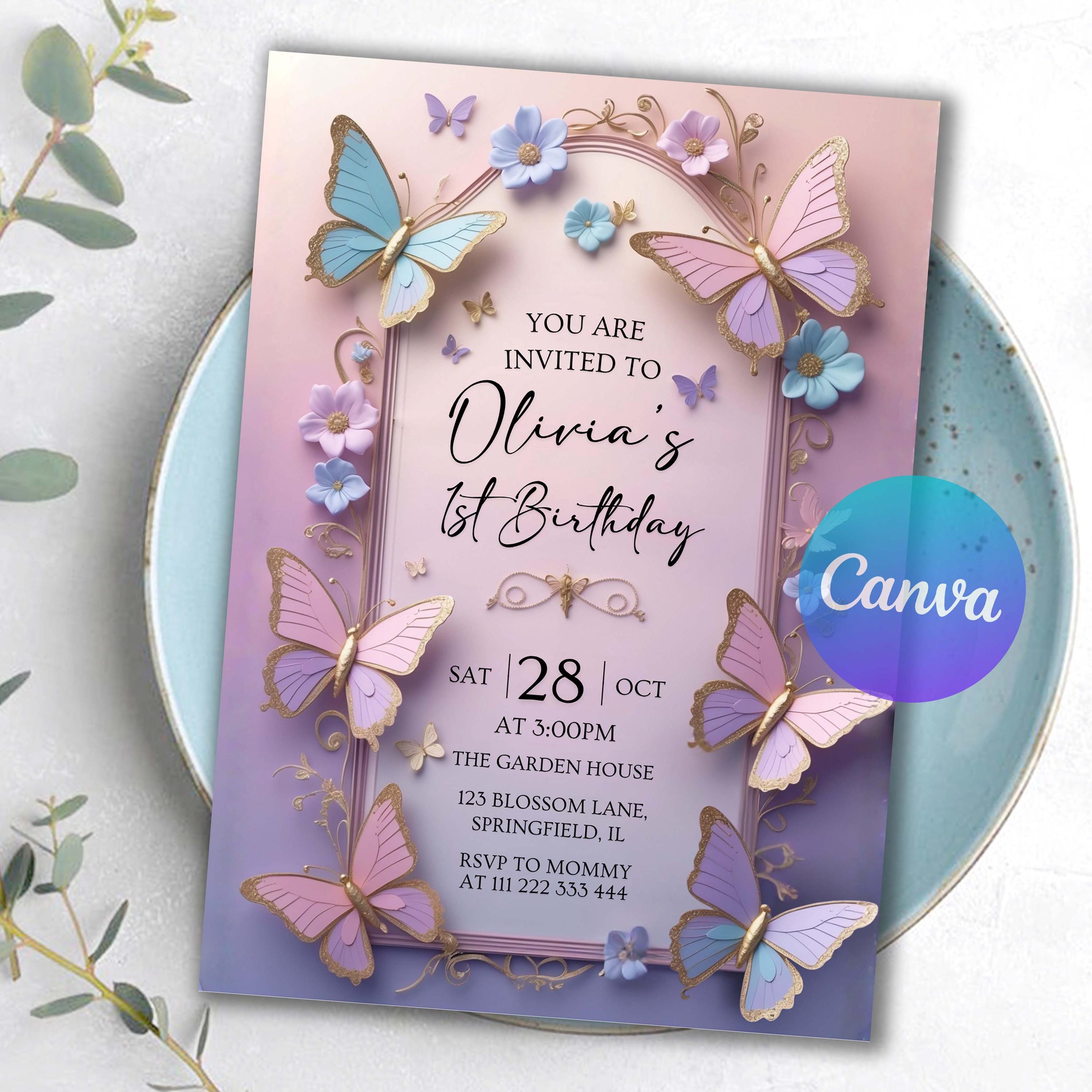 Editable Butterfly Birthday Invitation Template — 5x7 Canva Download ...