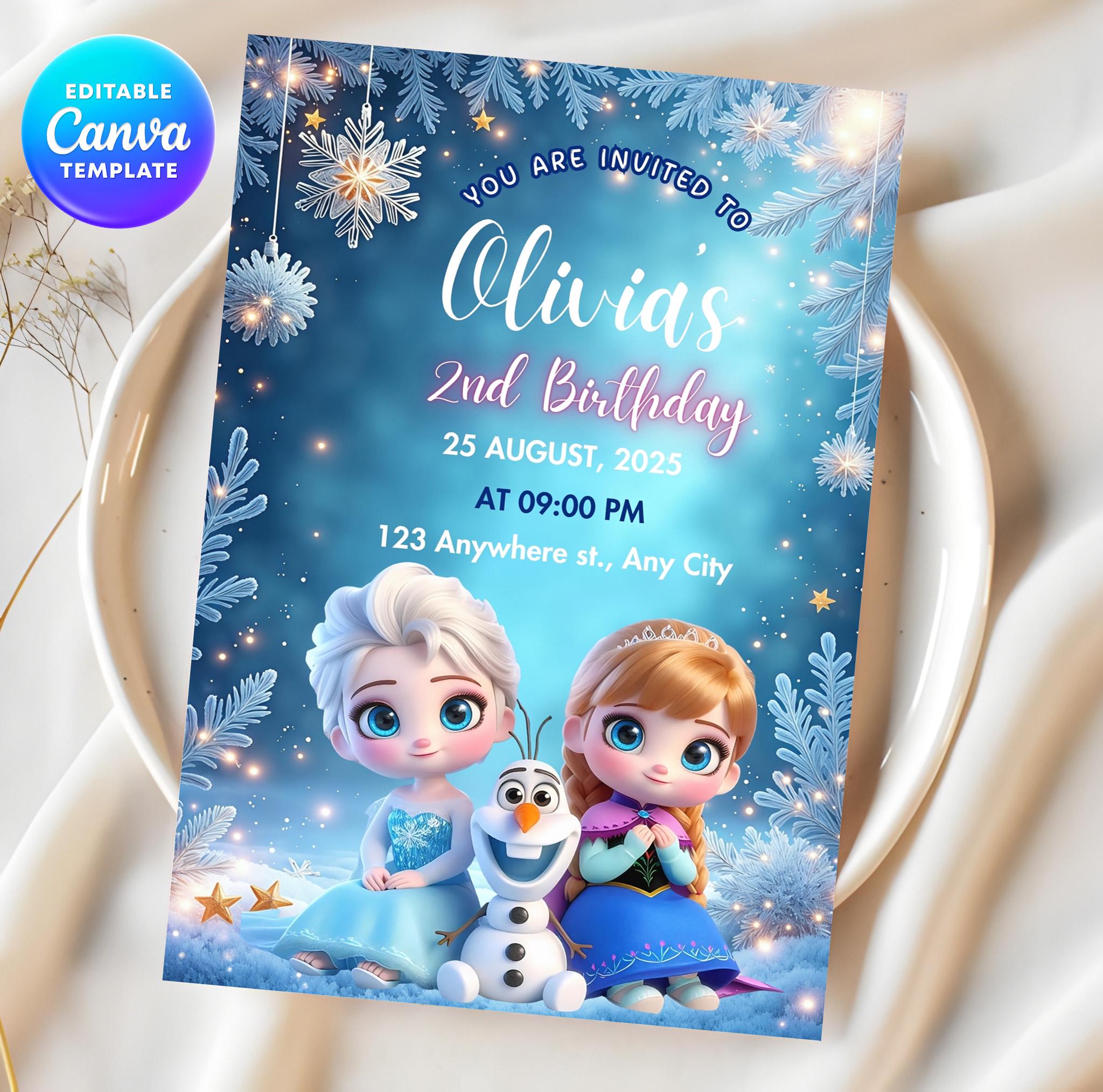 Editable Frozen Elsa and Anna Birthday Invitation Canva Template 5x7 P ...