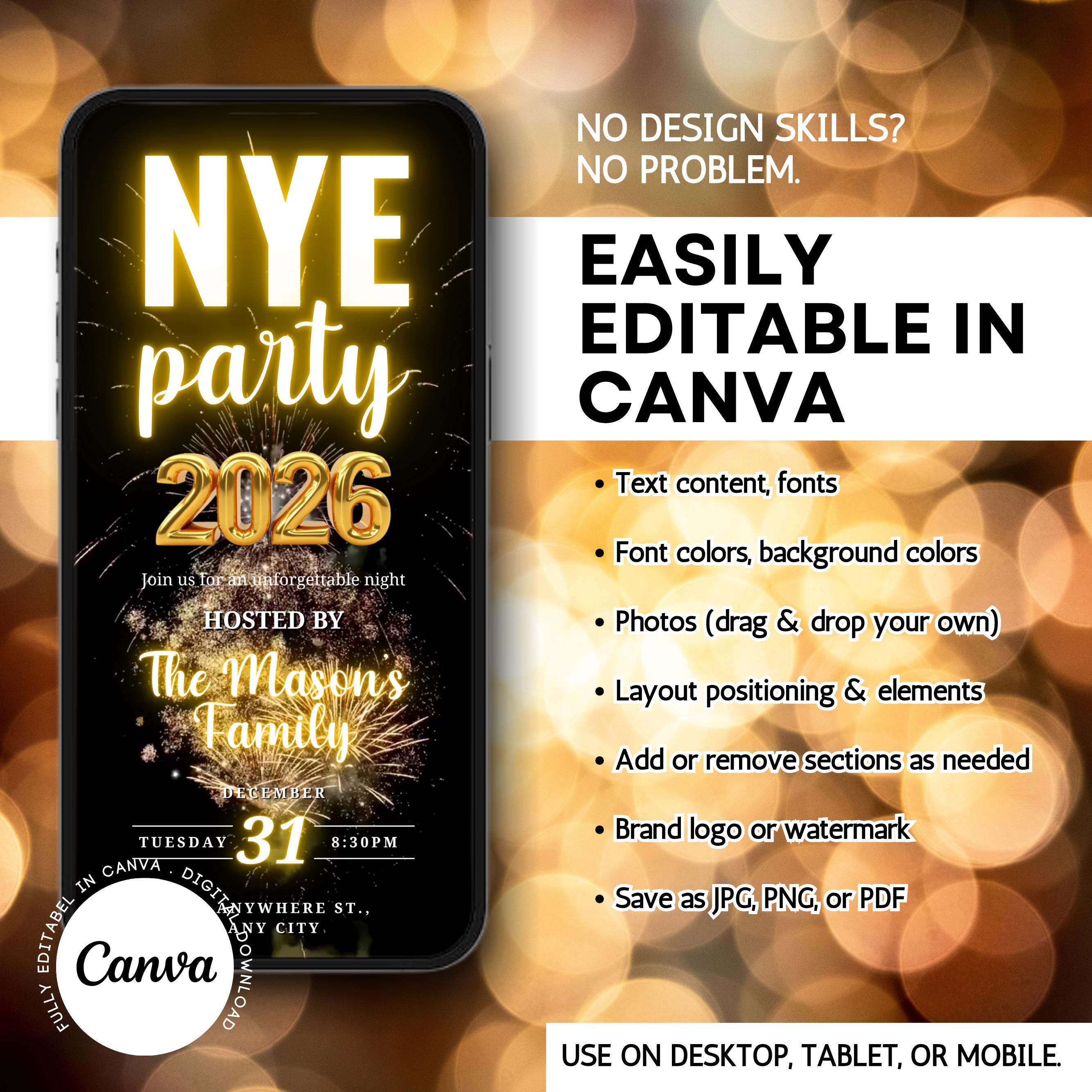 Animated Black Gold New Year's Eve Invitation 2026 - Editable Evite ...