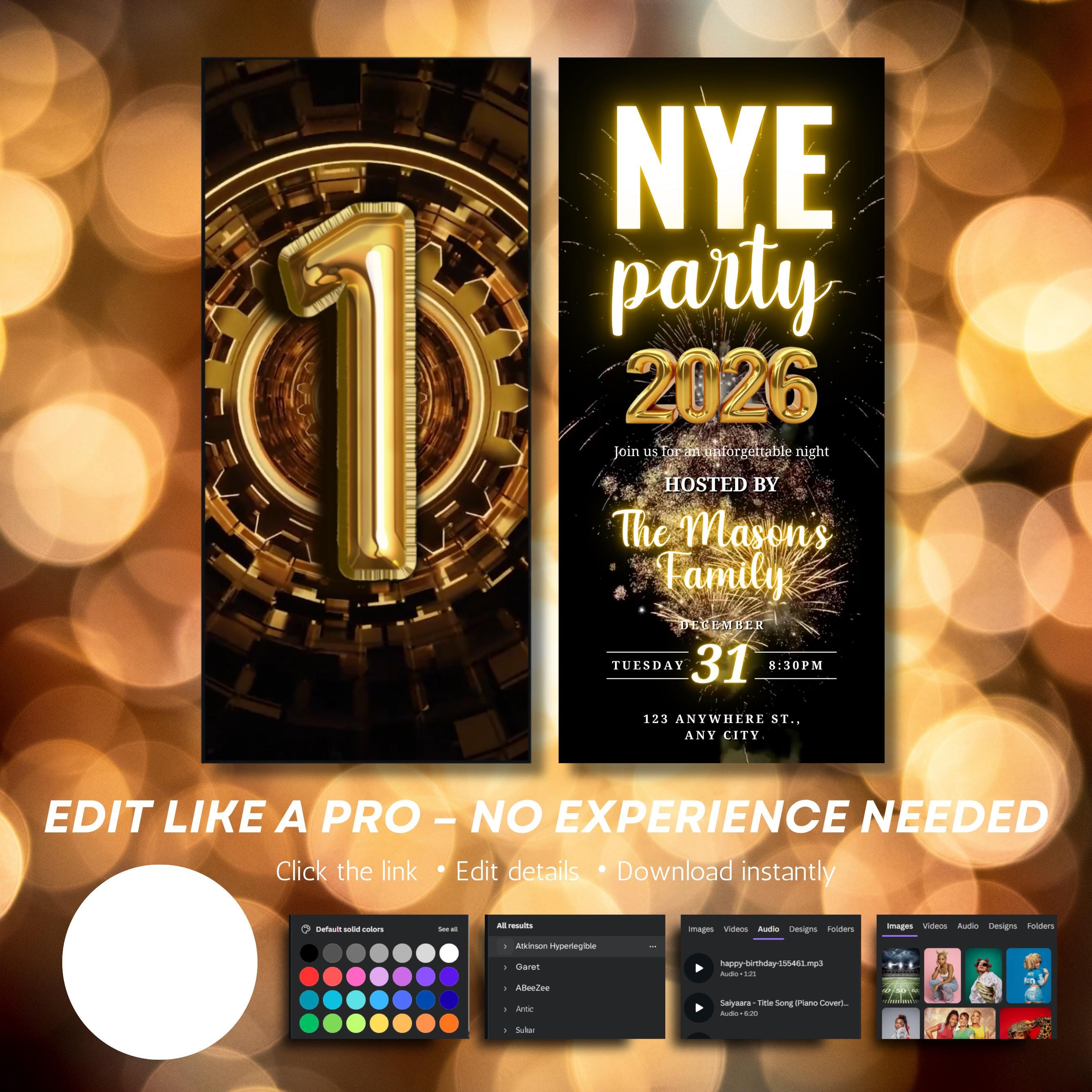 Animated Black Gold New Year's Eve Invitation 2026 - Editable Evite ...