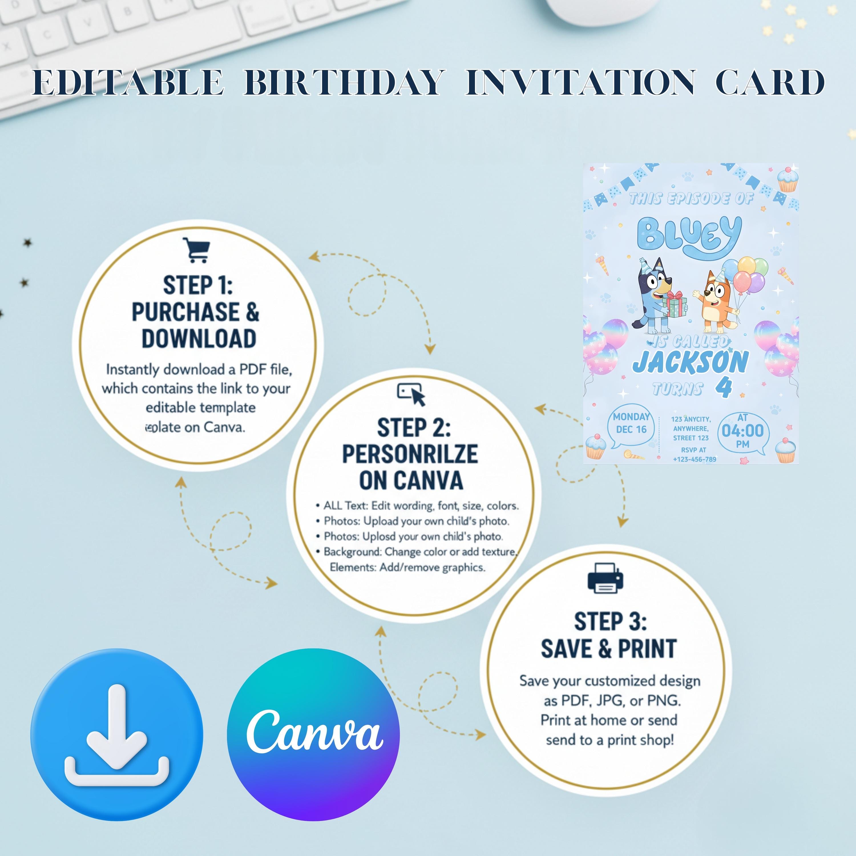 Editable Bluey & Bingo Birthday Invitation | Printable 5x7 Canva ...