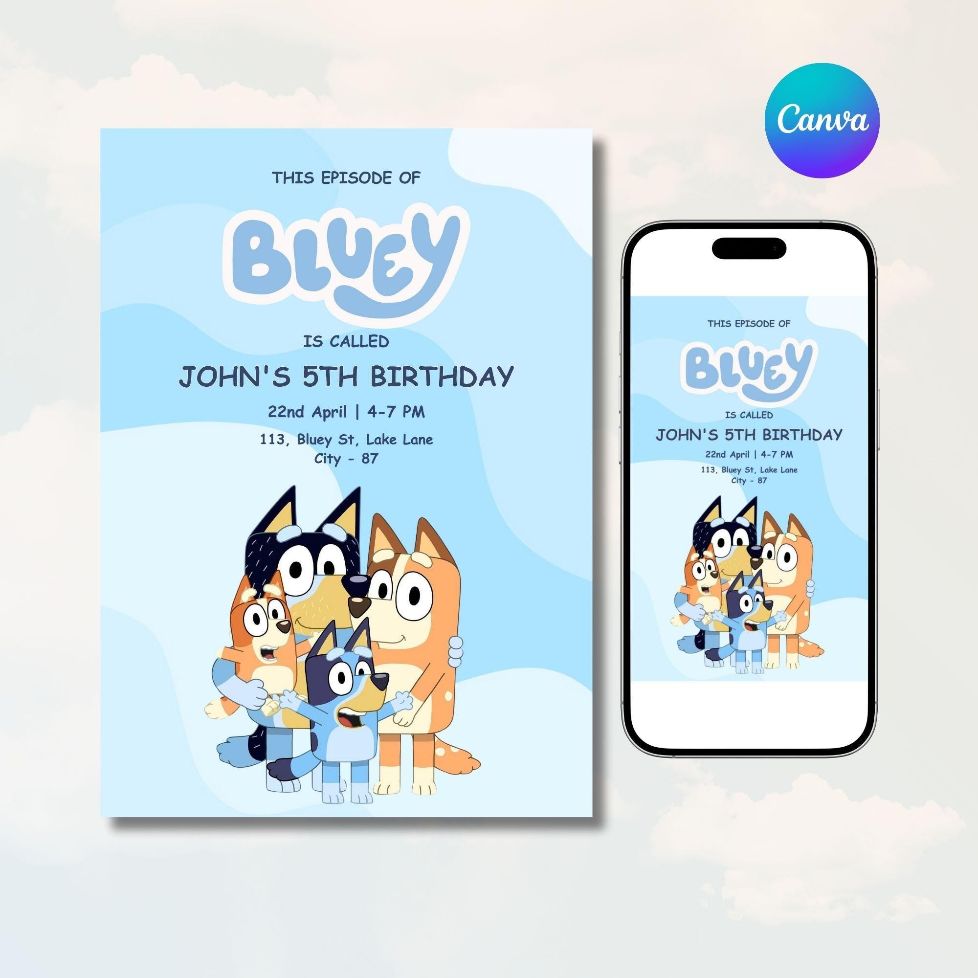 Bluey 5x7 Editable Canva Invitation Template — Light Blue Printable ...
