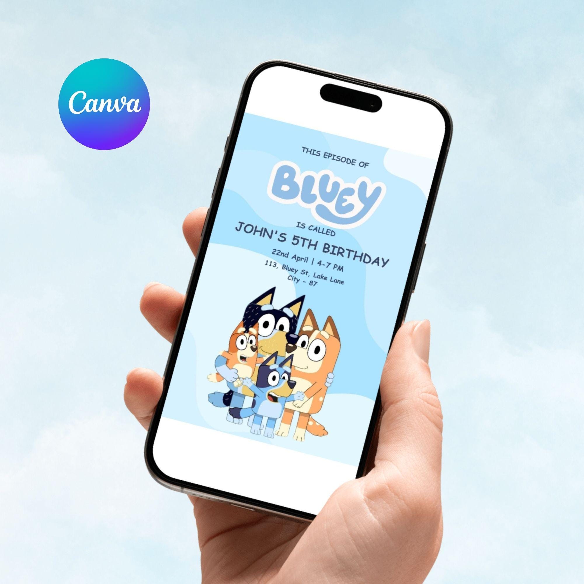 Bluey 5x7 Editable Canva Invitation Template — Light Blue Printable ...
