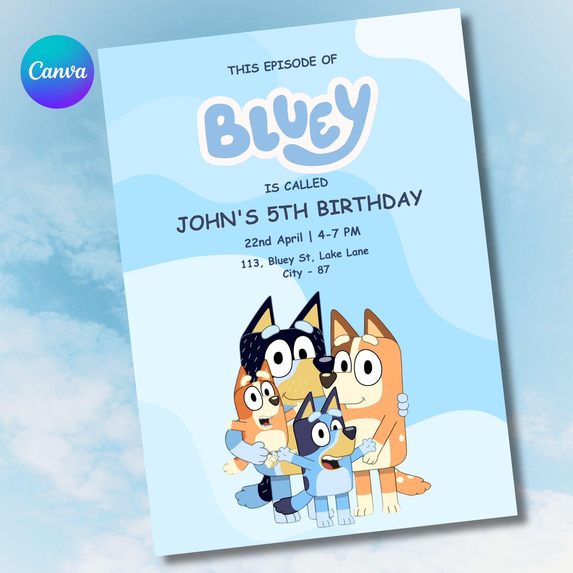 Bluey 5x7 Editable Canva Invitation Template — Light Blue Printable ...