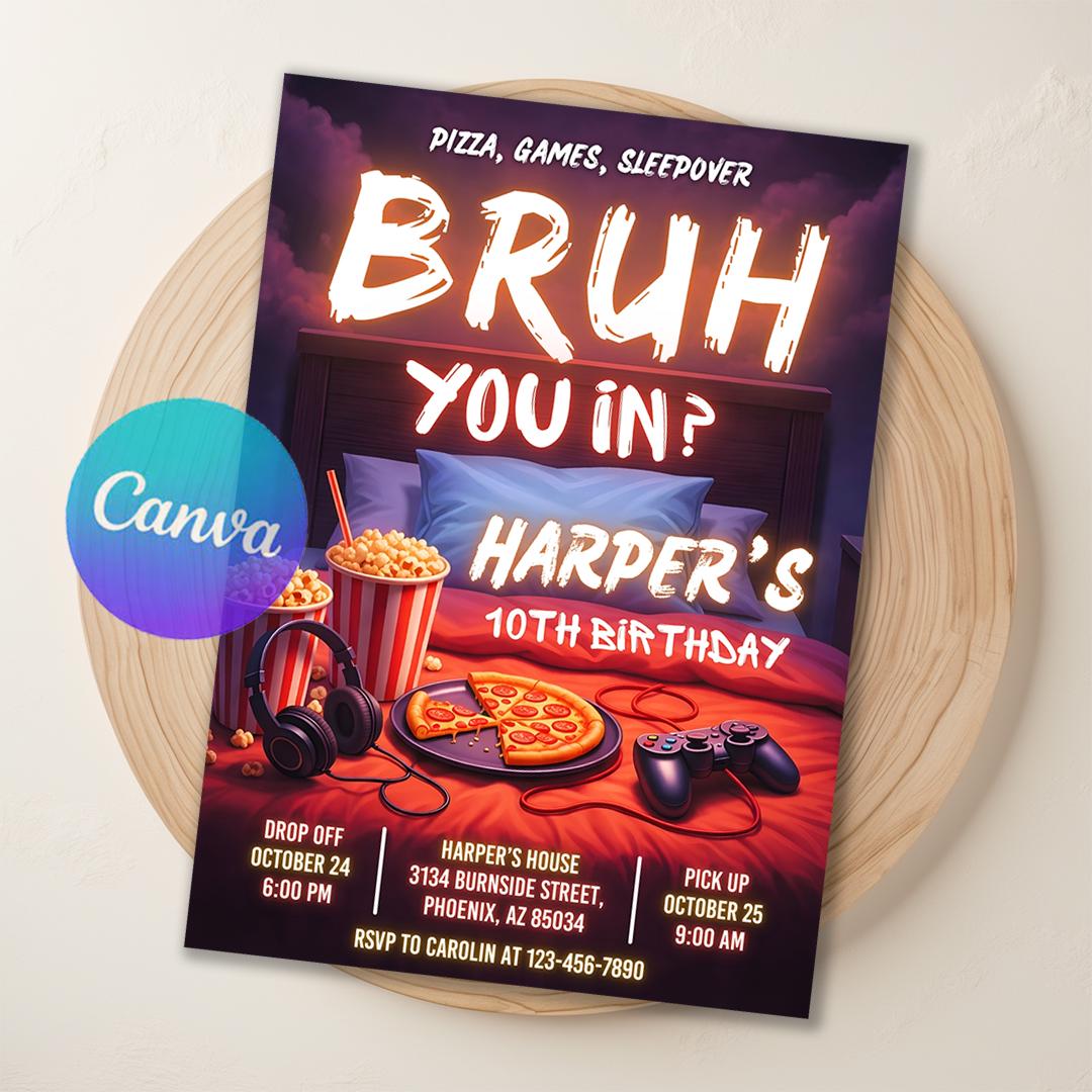 Bruh Sleepover Video Game Invitation Canva Template - Editable Invite ...