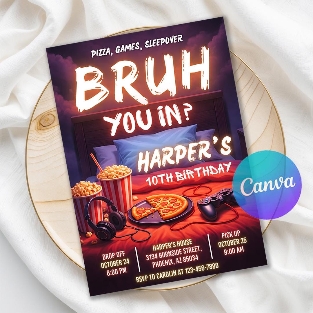 Bruh Sleepover Video Game Invitation Canva Template - Editable Invite ...
