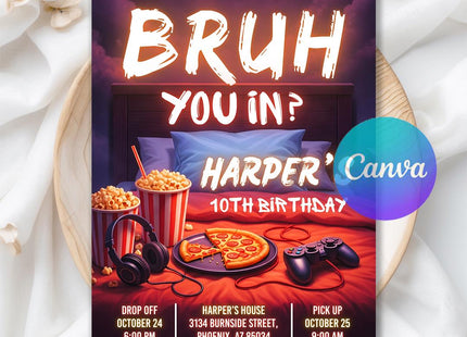 Bruh Sleepover Video Game Invitation Canva Template - Editable Invite ...