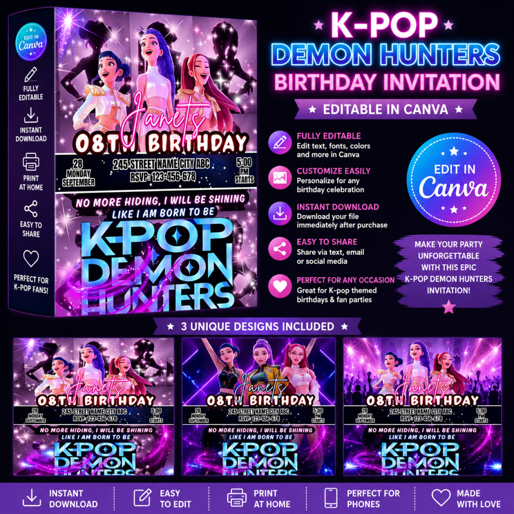 KPOP Demon Hunters Birthday invitation | Kpop Anime Invite | Birthday ...